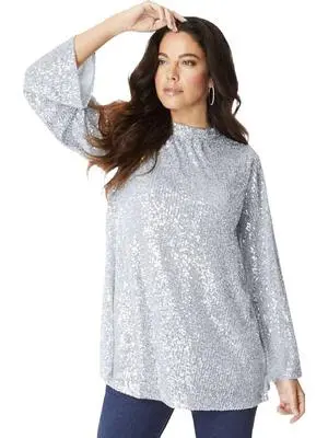Roaman's Roaman's Sequin Mock Neck Blouse With Bell Sleeves Silver Shimmer