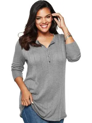 Roaman's Drop Needle Henley Lightweight Sweater Knit - Medium Heather Grey