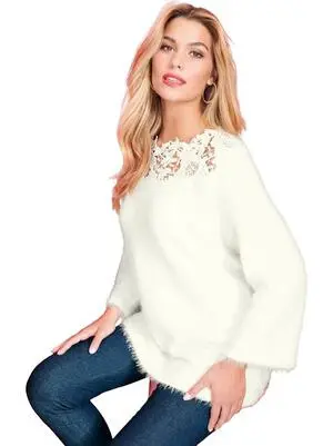 Roaman's Eyelash Lace Neck Sweater With Bell Sleeves - Ivory