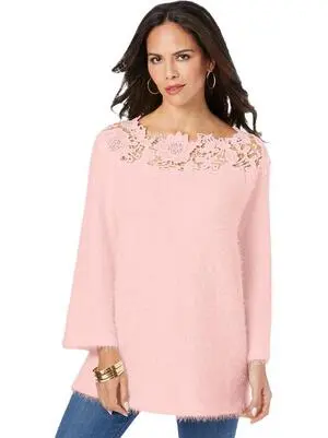 Roaman's Eyelash Lace Neck Sweater With Bell Sleeves - Soft Blush