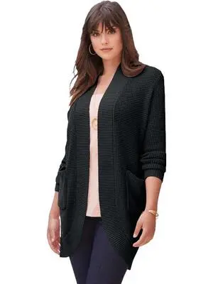 Roaman's Waffle Knit Open Front Cardigan - Black