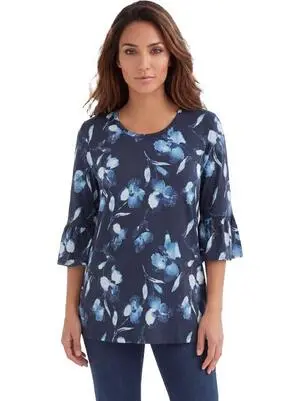 Roaman's Cotton Ultimate Bell Sleeve Tee - Navy Iris Floral