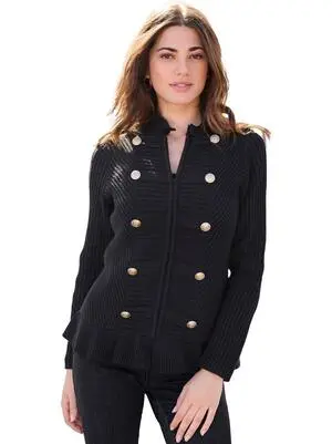 Roaman's Roaman's Military Inspired Ribbed Cardigan Sweater Black