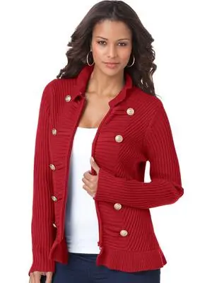 Roaman's Military Inspired Ribbed Cardigan Sweater - Classic Red