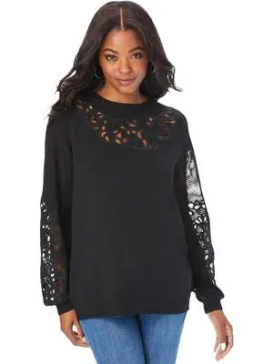 Roaman's Pullover Sweater With Cutout Detail - Black