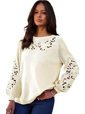 Roaman's Roaman's Crew Neck Pullover Sweater With Embroidered Cutout Details Ivory