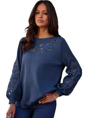 Roaman's Pullover Sweater With Cutout Detail - Navy