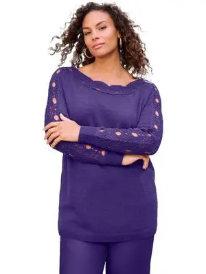 Roaman's Pointelle Sleeve Pullover With Scalloped Neckline - Midnight Violet