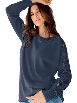 Roaman's Pointelle Sleeve Pullover With Scalloped Neckline - Navy