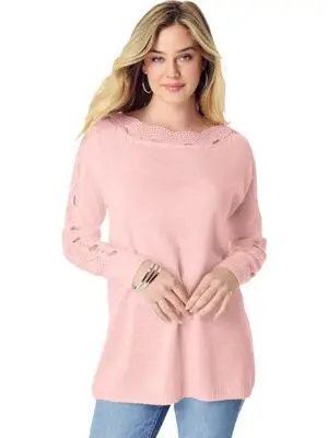 Roaman's Pointelle Sleeve Pullover With Scalloped Neckline - Soft Blush