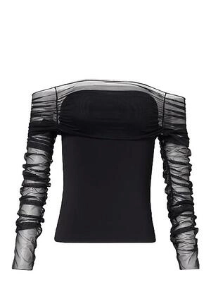 NENSI DOJAKA Off-shoulder Ruched Mesh Top - Black