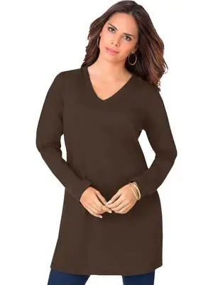 Roaman's Cotton Ultimate Long Sleeve V-neck Tunic - Chocolate
