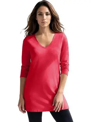 Roaman's Cotton Ultimate Long Sleeve V-neck Tunic - Classic Red
