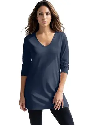 Roaman's Cotton Ultimate Long Sleeve V-neck Tunic - Navy