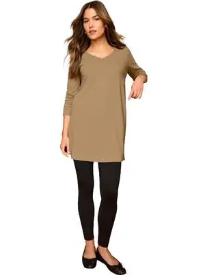 Roaman's Cotton Ultimate Long Sleeve V-neck Tunic - Soft Camel