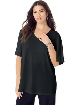 Roaman's Flutter Sleeve Ultrasmooth Fabric Tee Black