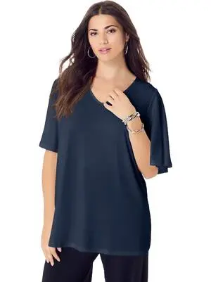 Roaman's Flutter Sleeve Ultrasmooth Fabric Tee Navy