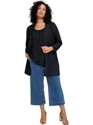 Roaman's Eyelet Long Sleeve Cardigan & Tank Set - Black