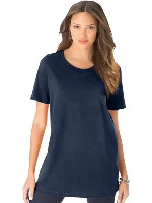 Roaman's Crewneck Knitted Cotton-Blend Tee Navy