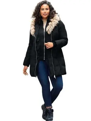 Roaman's Double Layer Puffer Coat With Faux Fur Hood - Black