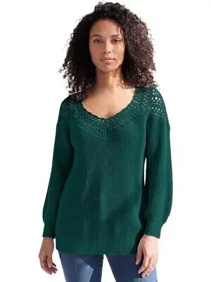 Roaman's Crochet Sweetheart Neckline Pullover Sweater - Emerald Green