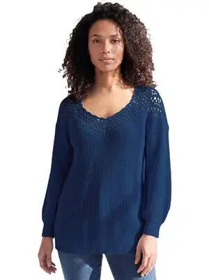 Roaman's Crochet Sweetheart Neckline Pullover Sweater - Navy