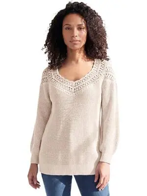 Roaman's Crochet Sweetheart Neckline Pullover Sweater - Oatmeal