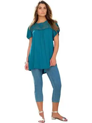 Roaman's Lace Yoke Pleated Tunic - Deep Teal