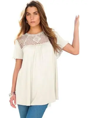 Roaman's Lace Yoke Pleated Tunic - Ivory