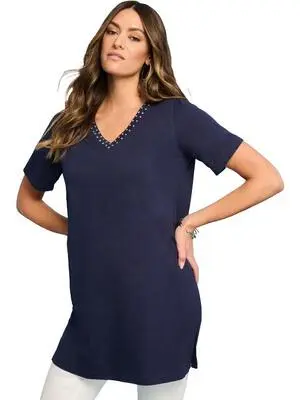 Roaman's Roaman's Embellished V-Neck Tunic Navy