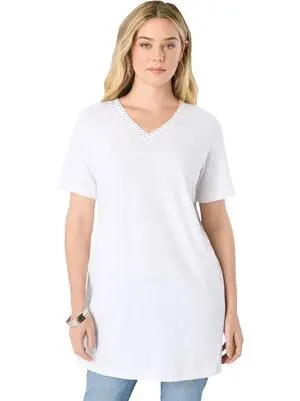 Roaman's Embellished V-neck Tunic - White