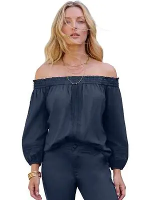 Roaman's Off-the-shoulder Lace Detail Blouson Sleeve Tunic - Navy