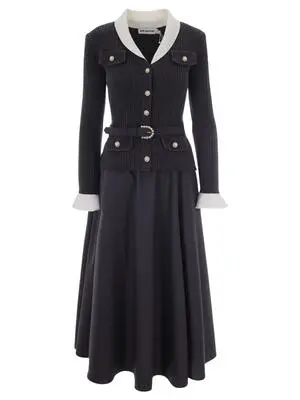 SELF-PORTRAIT Contrast Collar Belted Knit Midi Dress - Grey