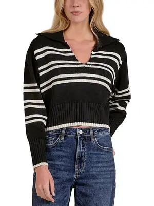 Elan Cotton Striped Collared V-neck Sweater - Black Stripe