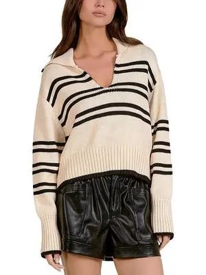 Elan Cotton Collared V-neck Striped Sweater - White Stripe