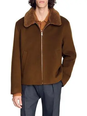 Sandro Wool Blend Aviator Jacket With Shearling Collar - Camel