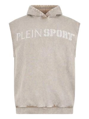 PLEIN SPORT Sleeveless Hoodie Vest With Crackle Scratch Detailing - Beige