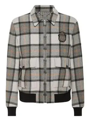 BILLIONAIRE Wool Check Jacket With Embroidered Crest - Beige