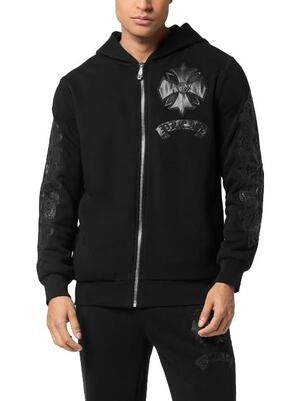 Philipp Plein Full Zip Hoodie With Leather Inserts And Chrome Crest - Black