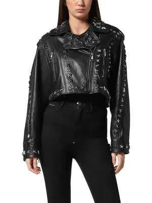 PHILIPP PLEIN PHILIPP PLEIN Black Leather Star Studded Biker Jacket