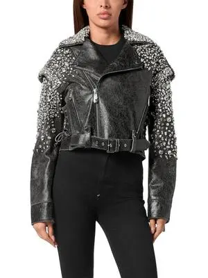 Philipp Plein Cropped Embellished Leather Biker Jacket - Black