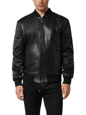 Philipp Plein Leather Bomber Jacket With Embroidered Logo - Black