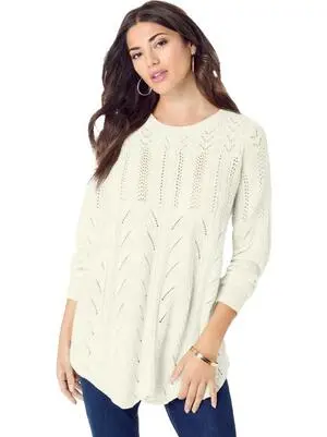 Roaman's Scallop Hem Pointelle Sweater - Ivory