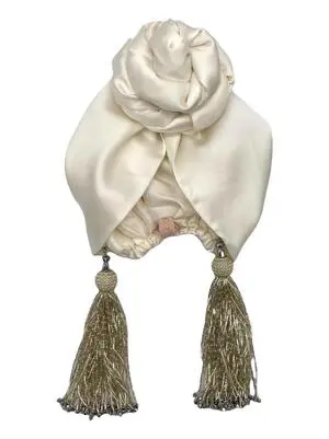JULIA CLANCEY Ivory Edith Luxe Silver Beaded Tassel Turban - White