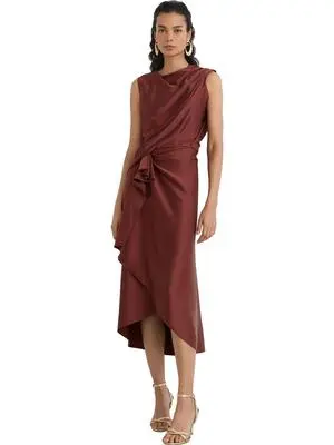 REISS Mabel Satin Draped Midi Dress With Frill Detail - Rust Orange