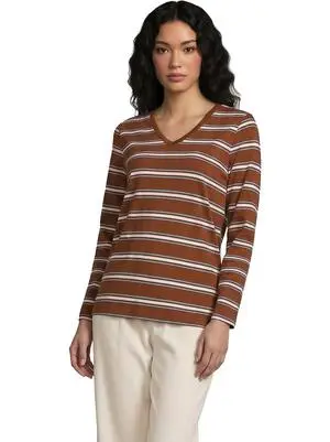 LANDS' END Supima Cotton Long Sleeve V-neck T-shirt - Clear Blue Sky/brown Stripe