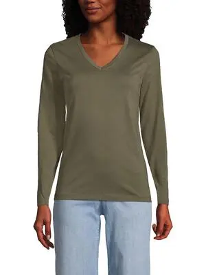 LANDS' END Supima Cotton Long Sleeve V-neck T-shirt - Forest Moss