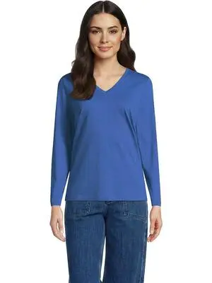 LANDS' END Supima Cotton Long Sleeve V-neck T-shirt - Muted Cobalt Blue
