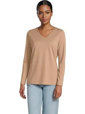 LANDS' END Cotton Long Sleeve V-neck T-shirt - Warm Taupe Heather