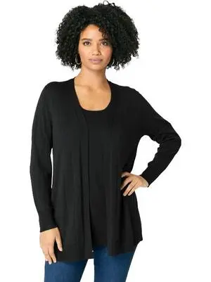 Roaman's Plus Size Drop Needle Cardigan Lightweight Sweater Knit Black